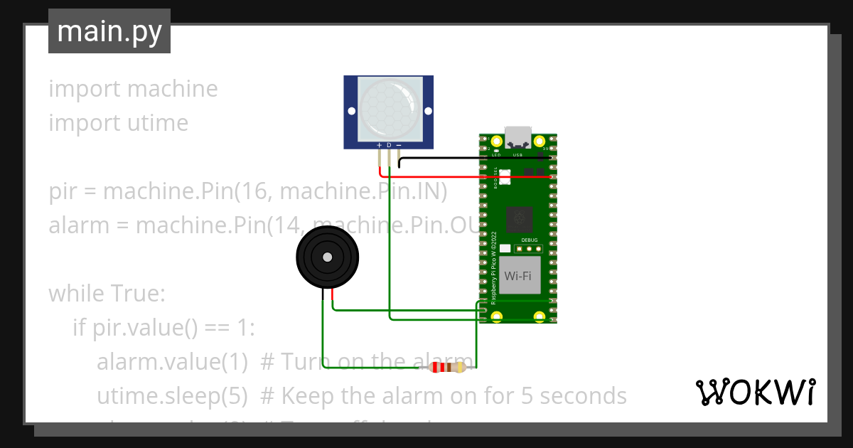 PIR Motion Sensor with Alarm - Wokwi ESP32, STM32, Arduino Simulator