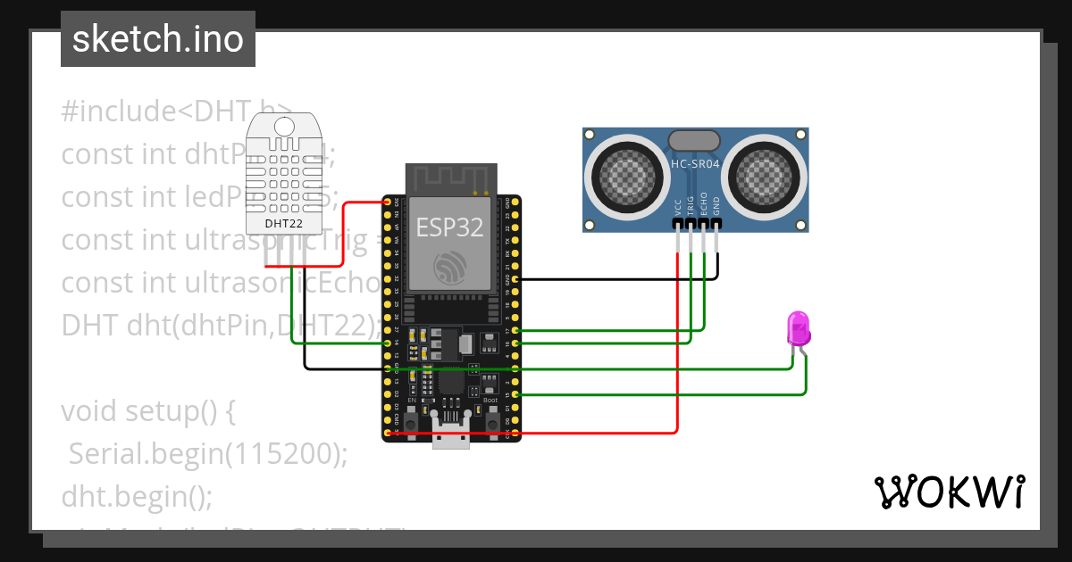 DHT US WITH LED - Wokwi ESP32, STM32, Arduino Simulator