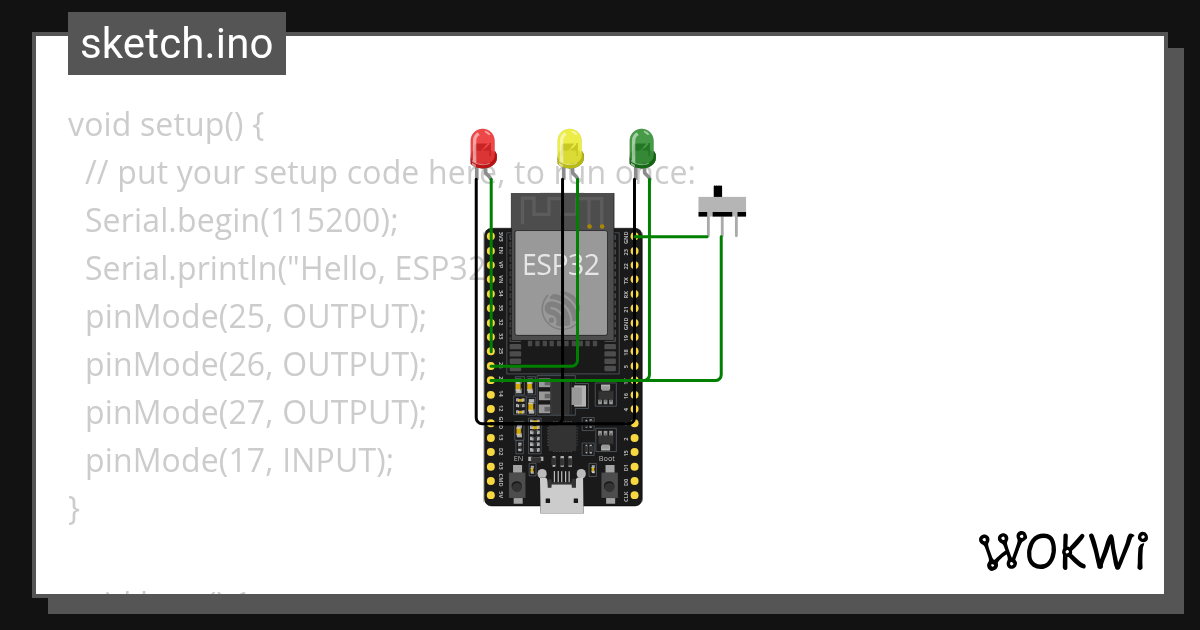 Traffic LED With switch - Wokwi ESP32, STM32, Arduino Simulator