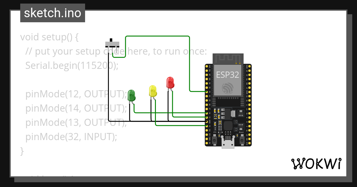 Traffic Led switch - Wokwi ESP32, STM32, Arduino Simulator