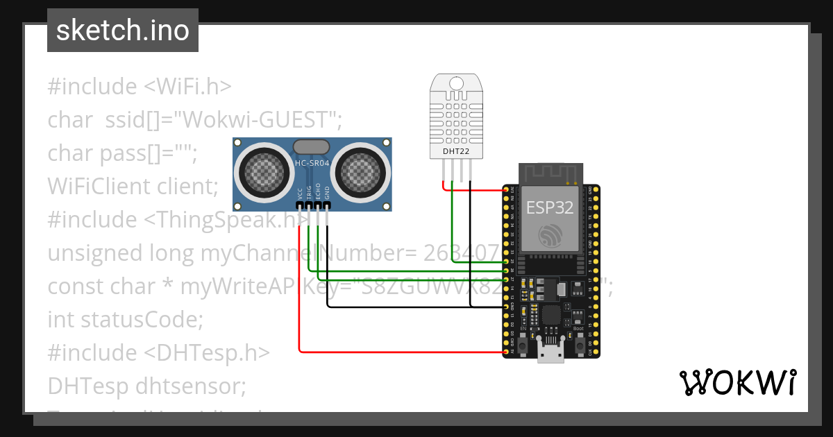 Ultrasonic DHT With Thingspeak - Wokwi ESP32, STM32, Arduino Simulator