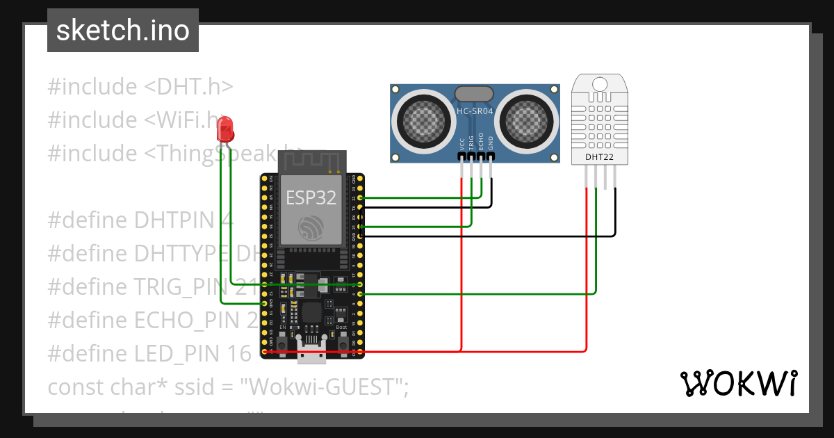 Ultrasonic ,dht22 thingspeak by jancy - Wokwi ESP32, STM32, Arduino Simulator