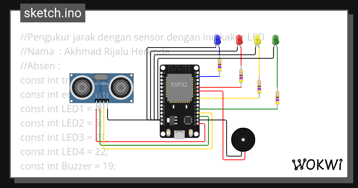 PENGUKURAN JARAK DENGAN INDIKATOR LED - Wokwi ESP32, STM32, Arduino Simulator