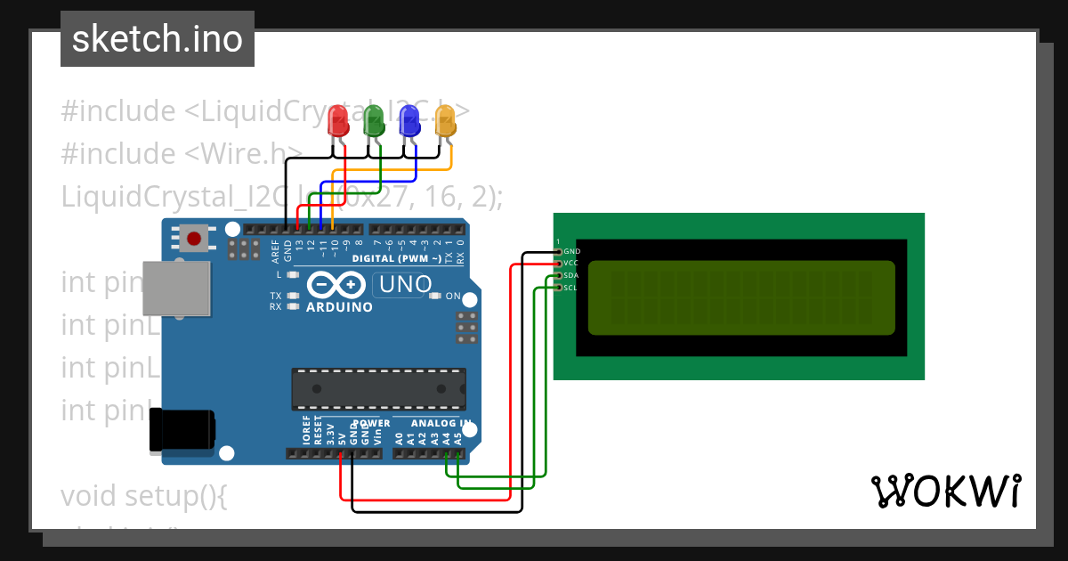 Menyalakan LED dan menampilkan kondisi LED pada LCD Copy - Wokwi ESP32, STM32, Arduino Simulator