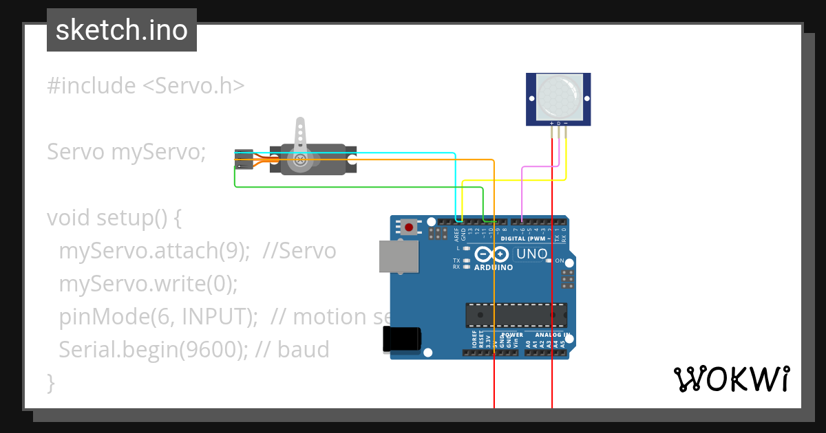motion sensor with servo motor - Wokwi ESP32, STM32, Arduino Simulator
