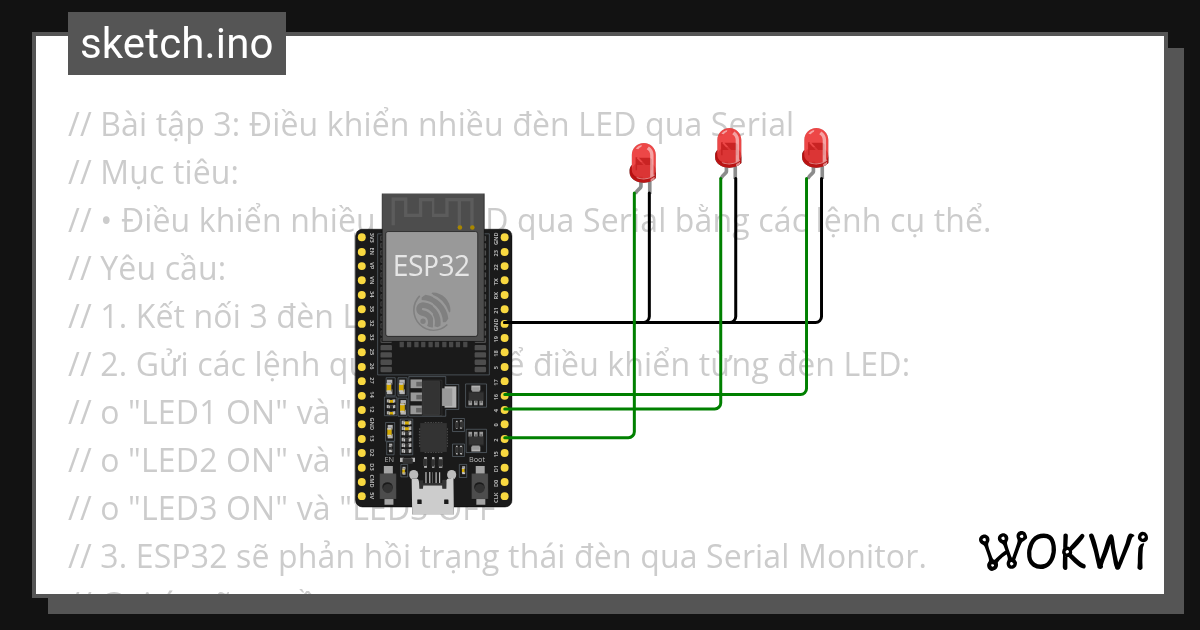 B3.3: Điều khiển nhiều đèn LED qua Serial - Wokwi ESP32, STM32, Arduino Simulator