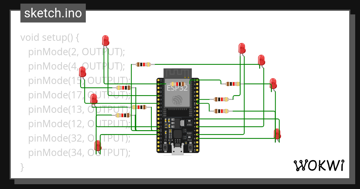 HBFI ESP32 LEDs - Wokwi ESP32, STM32, Arduino Simulator