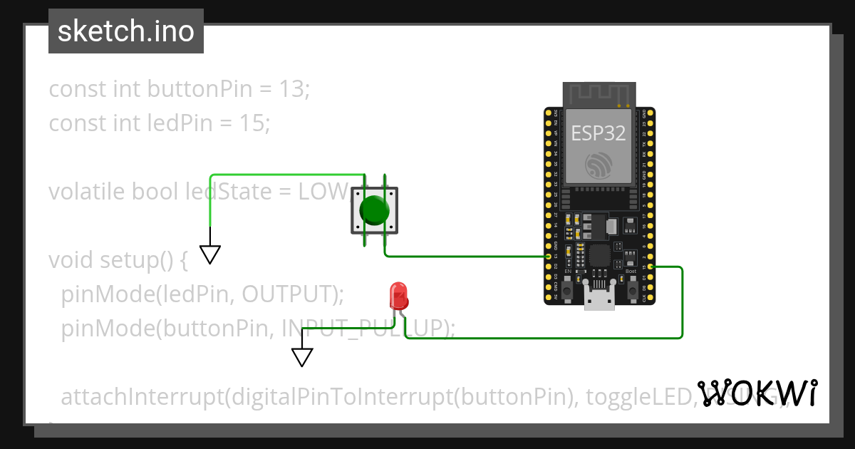 Button Control - LED On and Off: Copy - Wokwi ESP32, STM32, Arduino Simulator