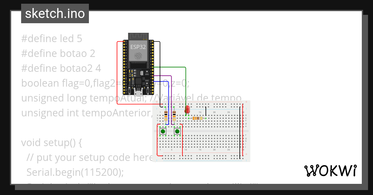 Ligar led depois de pressionar botão por 4 segundos, desligar com outro botão - Wokwi ESP32 ...