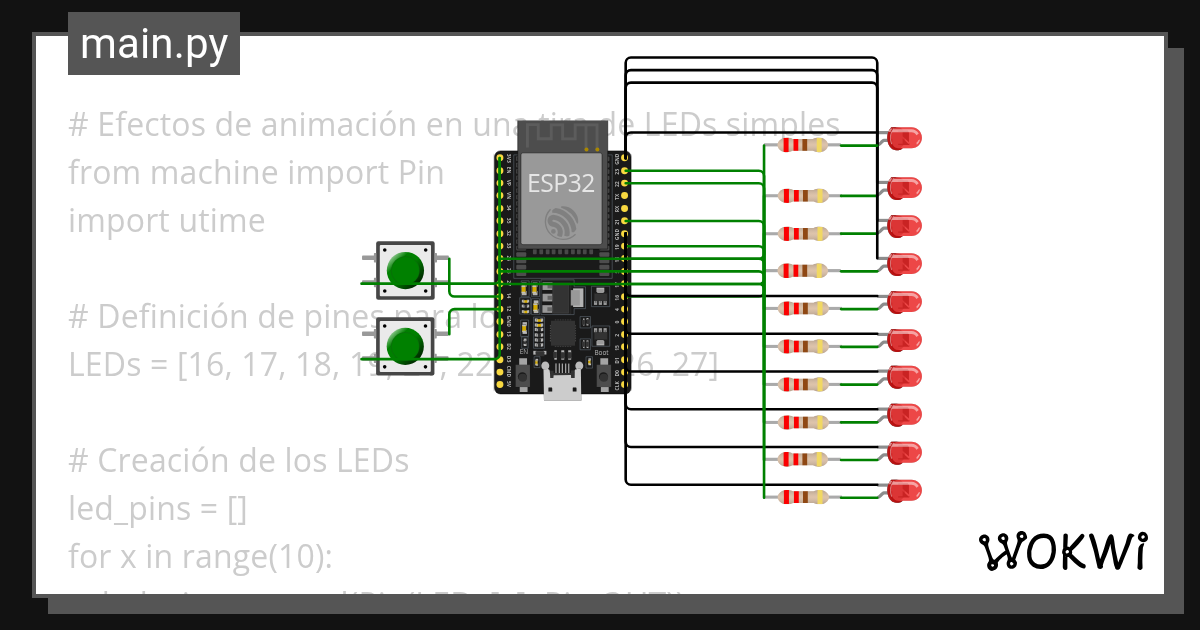 Leds efectos - Wokwi ESP32, STM32, Arduino Simulator