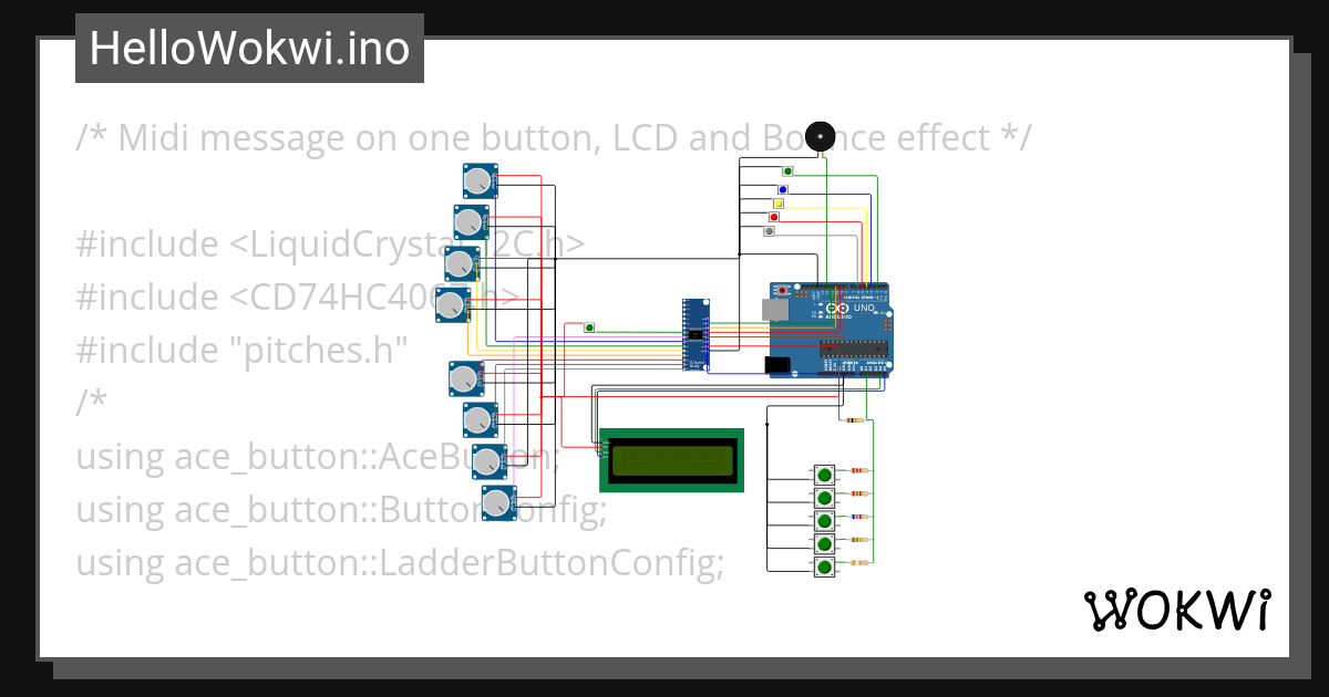 Midi message, button, mux4067, LCD - Wokwi ESP32, STM32, Arduino Simulator