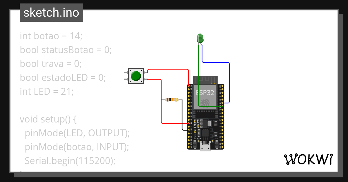 EXERCICIO BOTAO - Wokwi ESP32, STM32, Arduino Simulator EXERCICIO BOTAO - Wokwi ESP32, STM32, Arduino Simulator