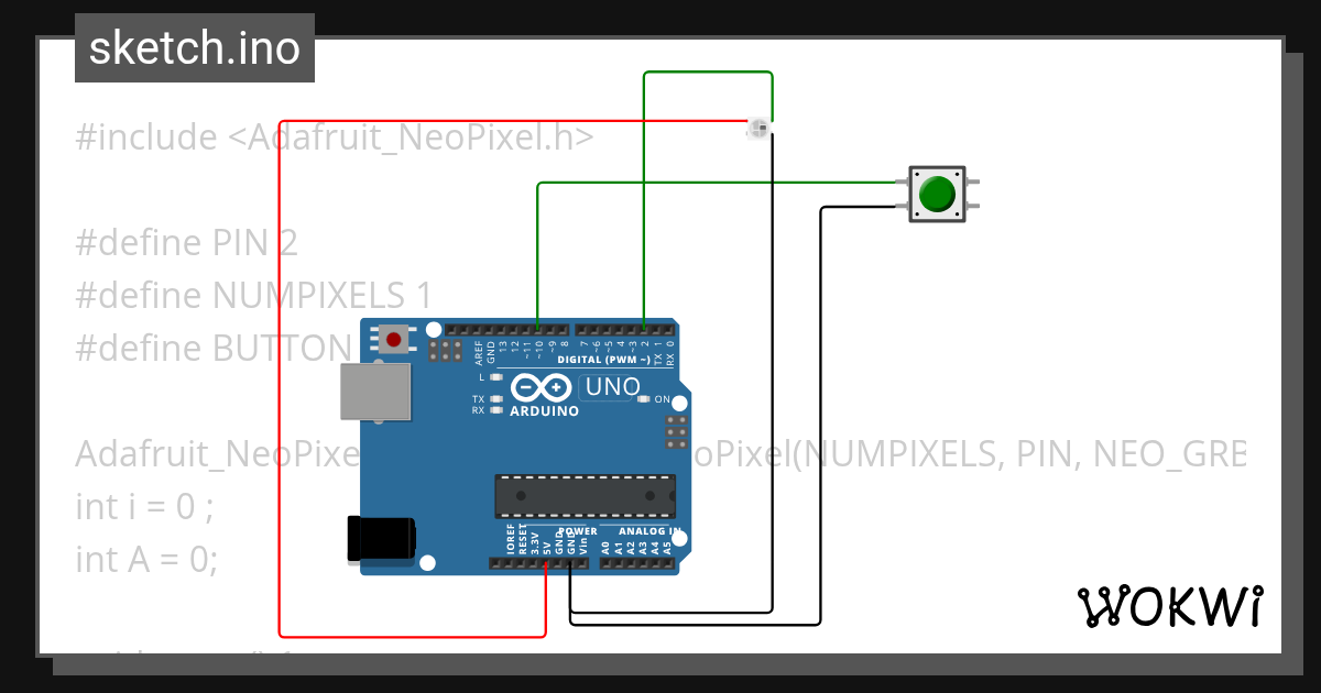 งานที่ 5 Button Switch กดแล้วเริ่มทำงาน ของ NEO Pixel Copy - Wokwi ESP32, STM32, Arduino Simulator