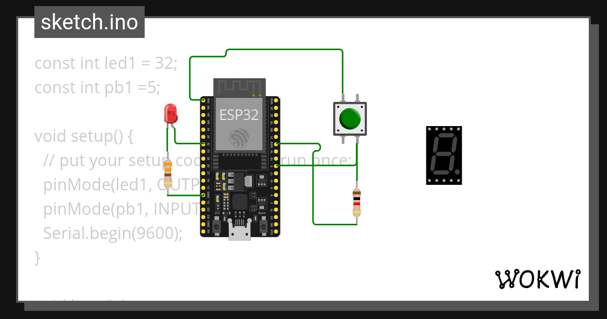 Adyaraka Cara nyalahin led,pb,segment - Wokwi ESP32, STM32, Arduino Simulator