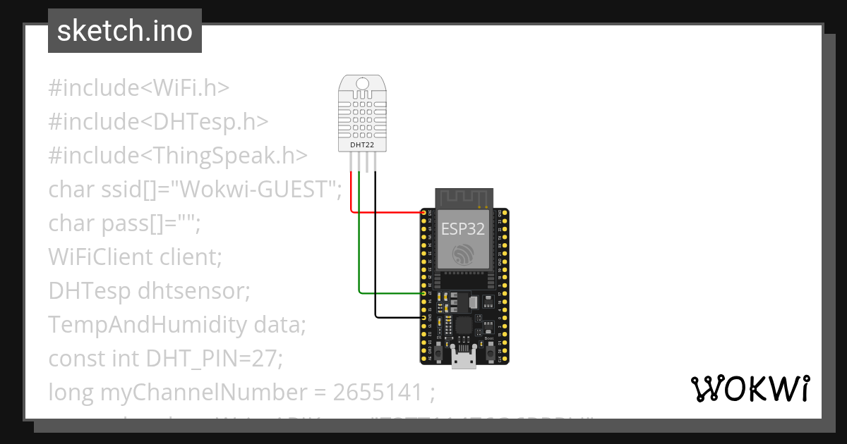 DHT22 with wifi & thingspeak - Wokwi ESP32, STM32, Arduino Simulator