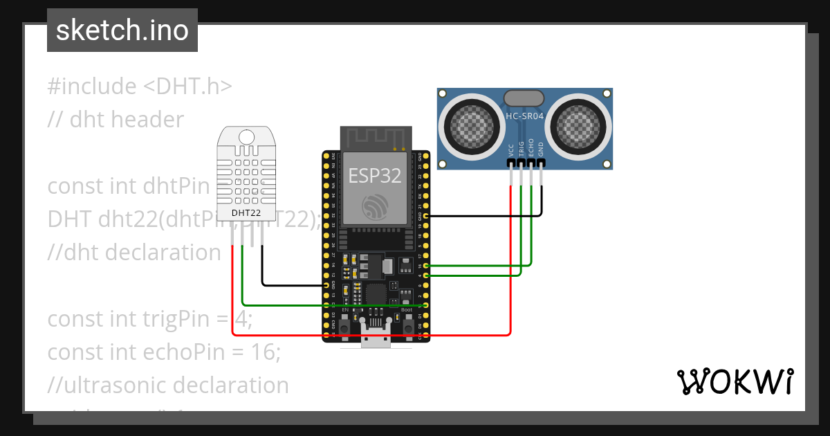 Ultrasonic and DHT Sensor - Wokwi ESP32, STM32, Arduino Simulator