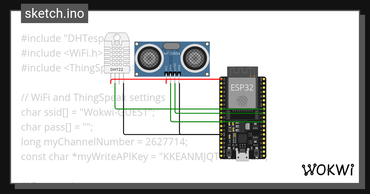 wifi dht ultrasonic thingspeak - Wokwi ESP32, STM32, Arduino Simulator