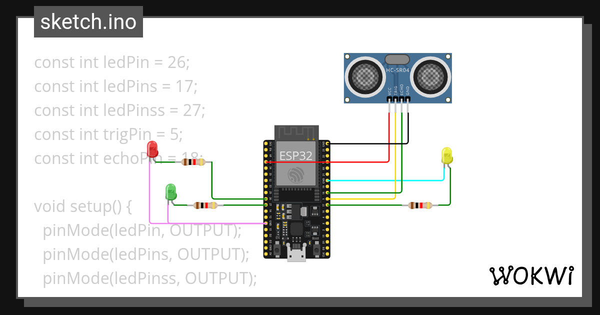 Engracia - ICT PROJECT : Ultrasonic sensor and 3 LEDs - Wokwi ESP32, STM32, Arduino Simulator