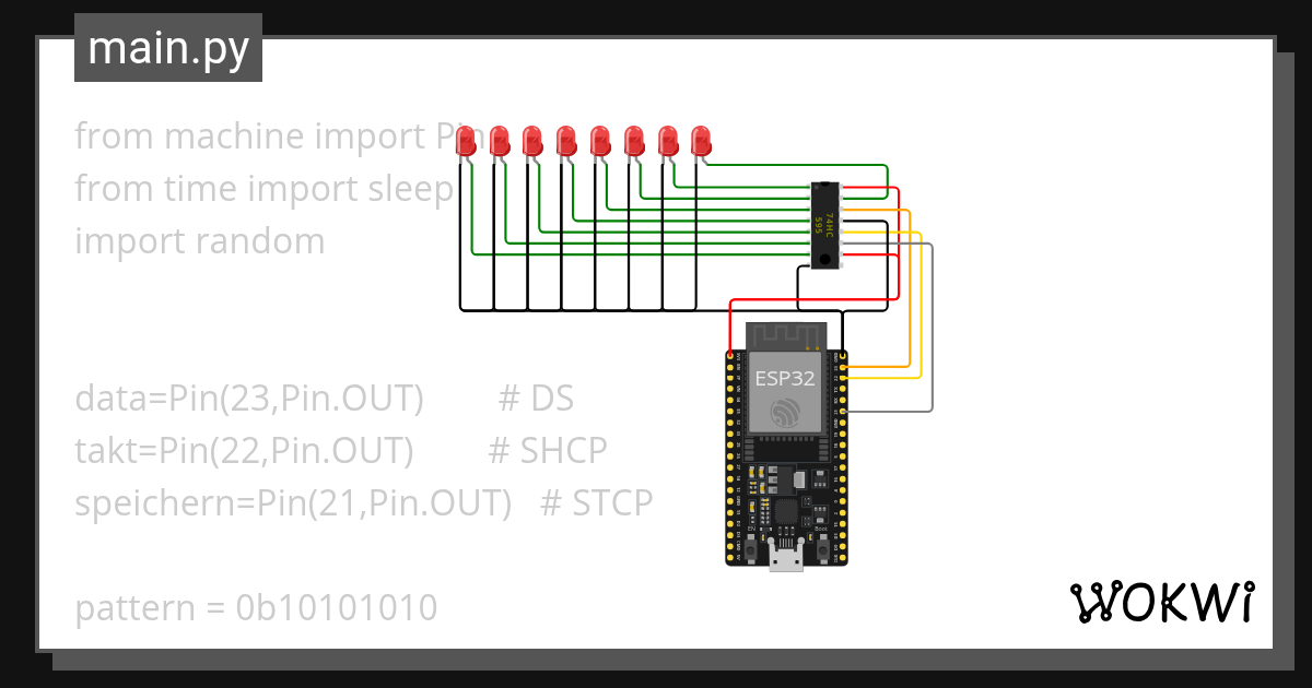 Schieberegister Wechsellicht - Wokwi ESP32, STM32, Arduino Simulator Schieberegister Wechsellicht - Wokwi ESP32, STM32, Arduino Simulator