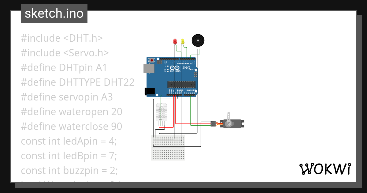 DHT22 Sensor to Buzzer and LED - Wokwi ESP32, STM32, Arduino Simulator