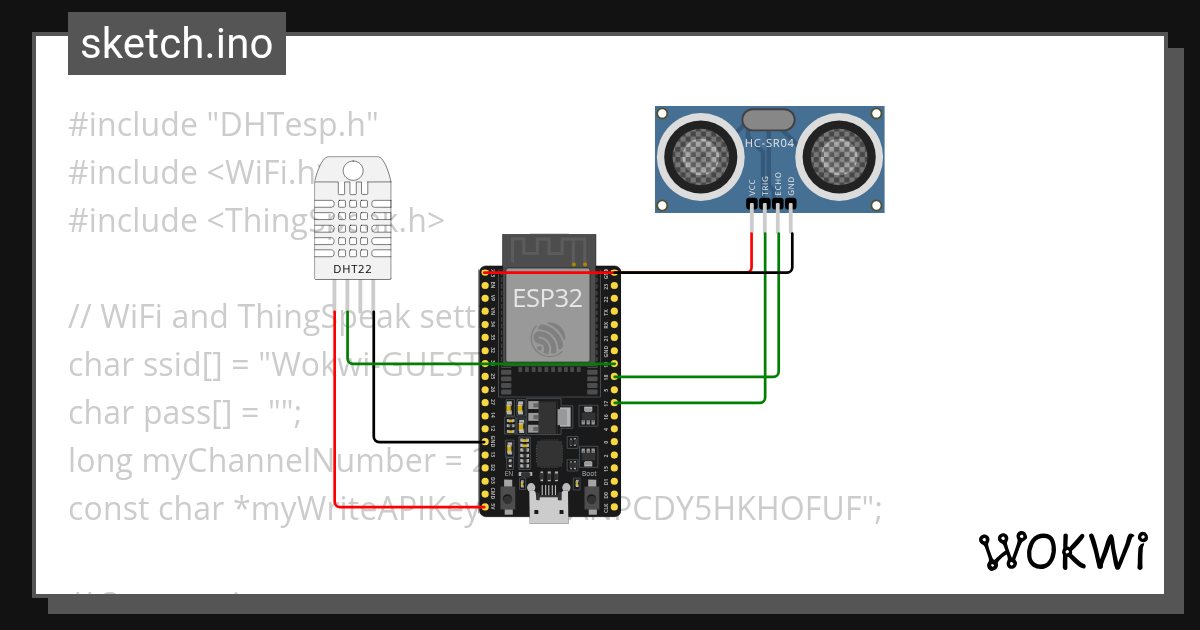 ultrasonic and dht intergrated wifi and thingspeak.. Copy - Wokwi ESP32, STM32, Arduino Simulator
