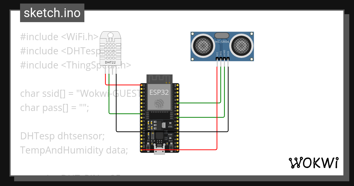 DHT with Ultrasonic with WIFI with Thingspeak - Wokwi ESP32, STM32, Arduino Simulator