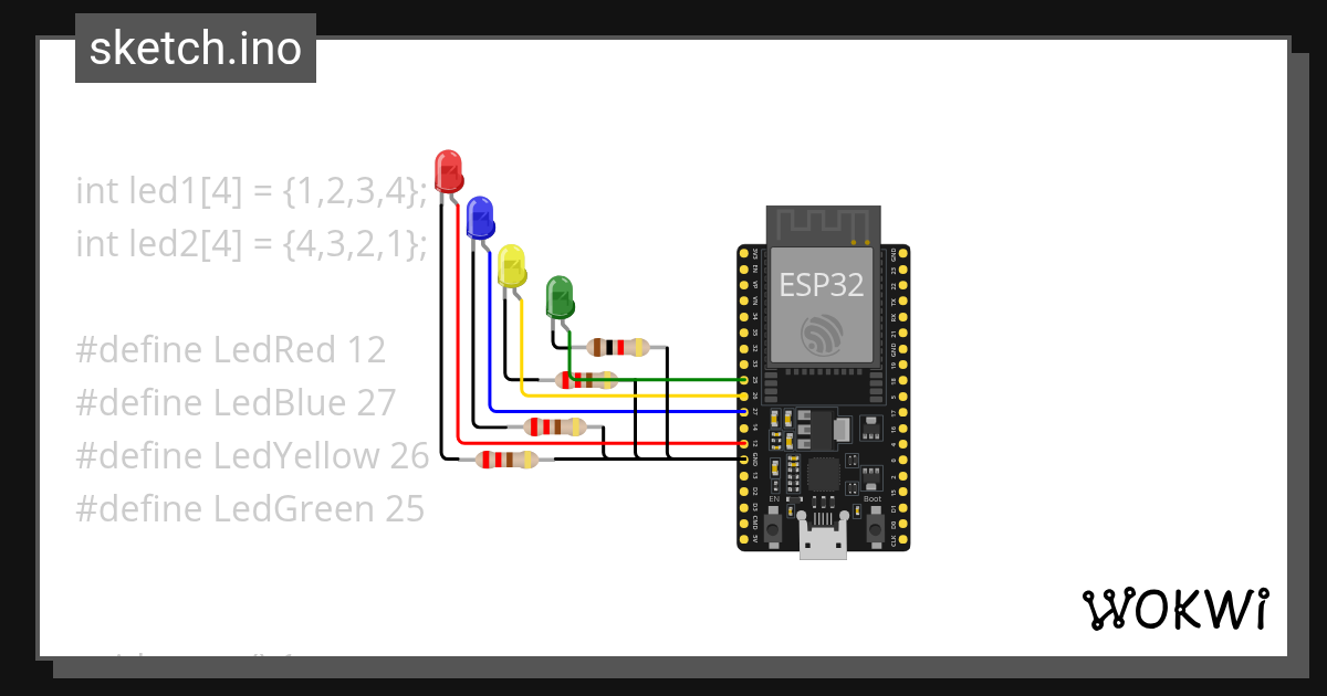 Running LED with For Loop - Wokwi ESP32, STM32, Arduino Simulator