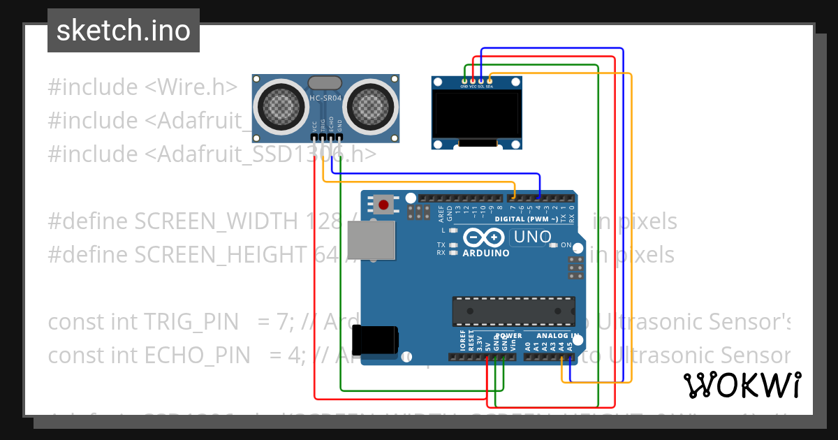 OLED with Sensor sonic - Wokwi ESP32, STM32, Arduino Simulator