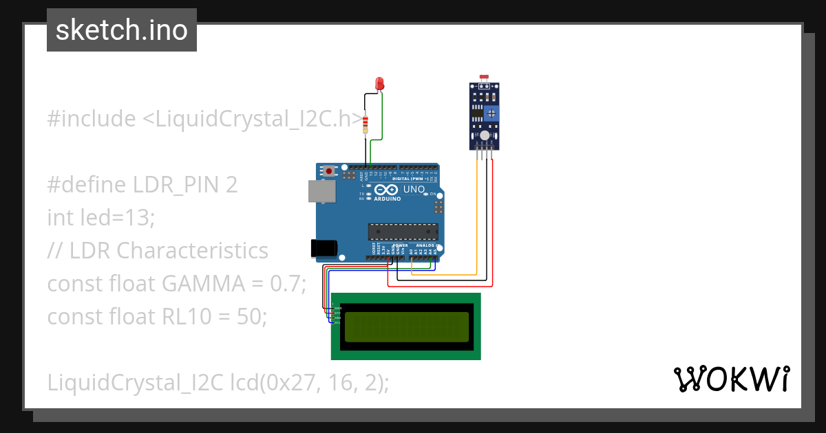 arduino lcd display using ldr to led on/off Copy - Wokwi ESP32, STM32, Arduino Simulator
