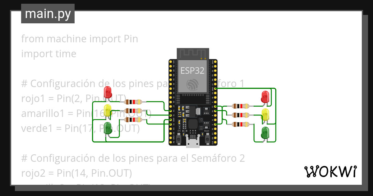 Semáforo de dos vías - Wokwi ESP32, STM32, Arduino Simulator