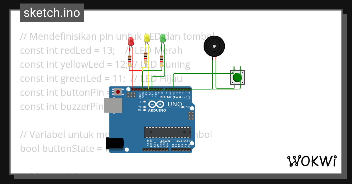 TRAFFIC LIGHT (3 LED, 1 BUTTON, & 1 BUZZER) - Wokwi ESP32, STM32, Arduino Simulator