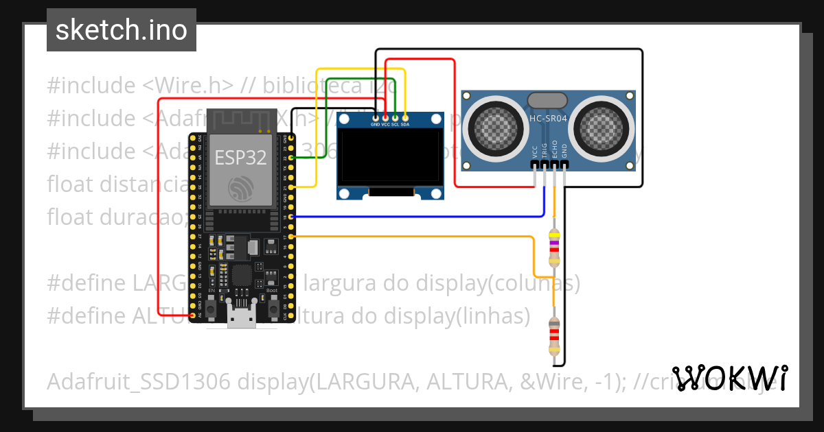 LEITURA Distância COM display oled e sensor ultrassônico - Wokwi ESP32, STM32, Arduino Simulator