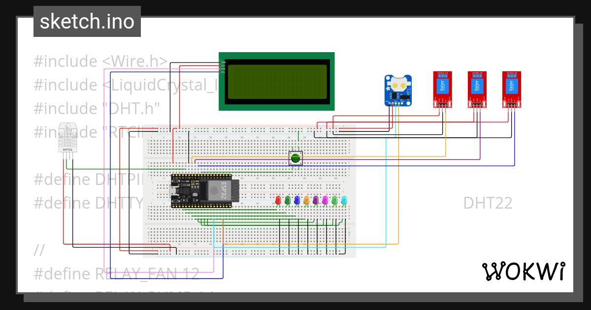 prj27 lcd dht rtc relay button - Wokwi ESP32, STM32, Arduino Simulator