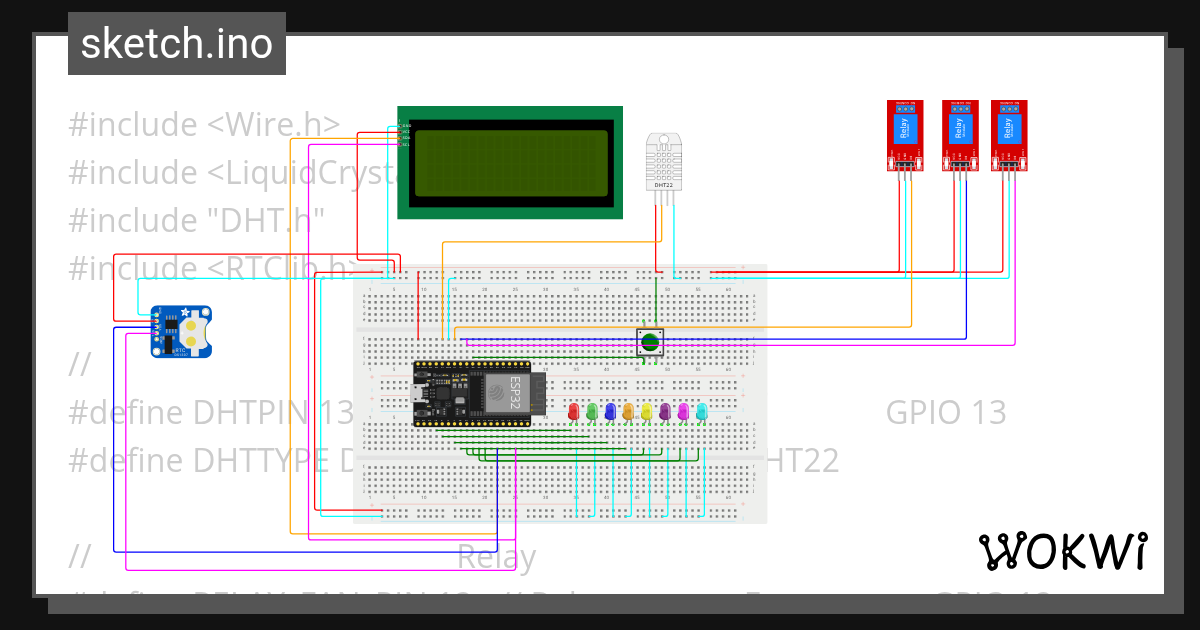 prj27_LCD DHT RTC Relay - Wokwi ESP32, STM32, Arduino Simulator