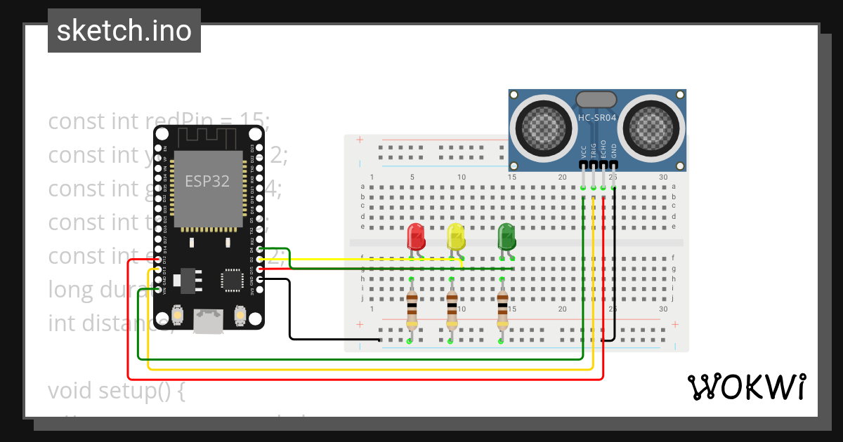 Connect ESP32 with HC-SR04 with LEDs ( Ultrasonic Sensor ) Copy - Wokwi ESP32, STM32, Arduino ...