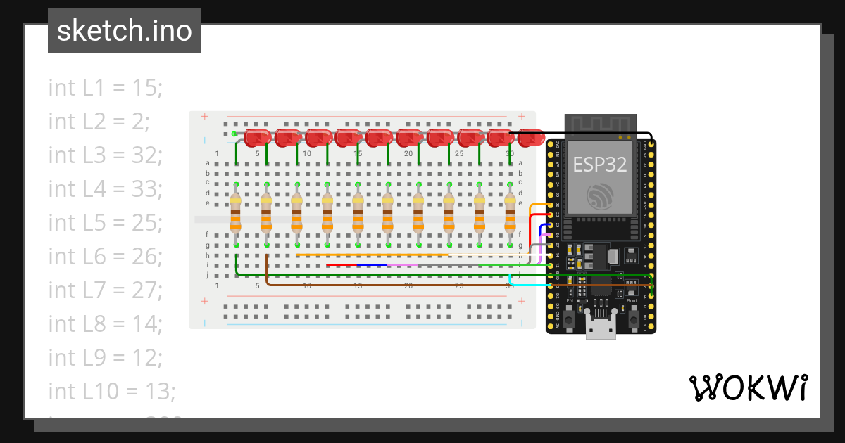 10 LEDS - Wokwi ESP32, STM32, Arduino Simulator