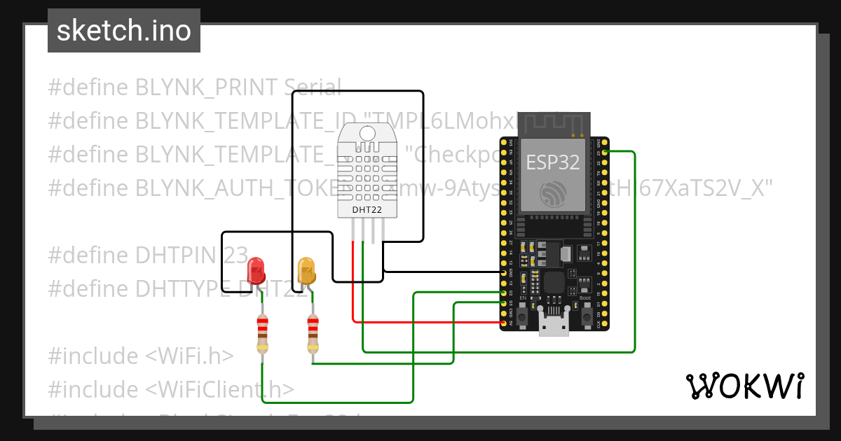 Checkpoint 9-3 LED1 LED2 DHT22 + Blynk - Wokwi ESP32, STM32, Arduino Simulator