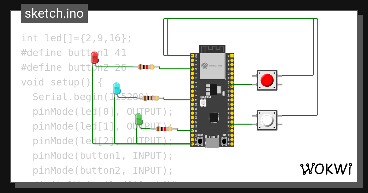 两个按键分别控制灯和灯的频率 Wokwi Esp32 Stm32 Arduino Simulator