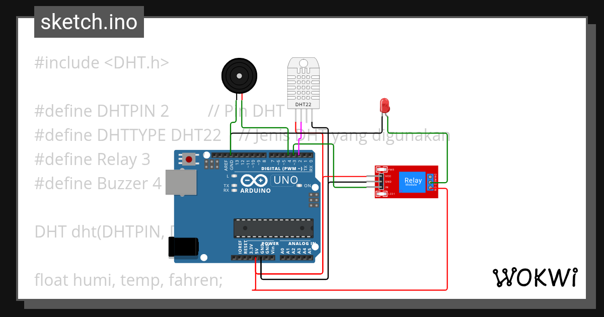 Arduino with dht, relay and led Copy - Wokwi ESP32, STM32, Arduino Simulator