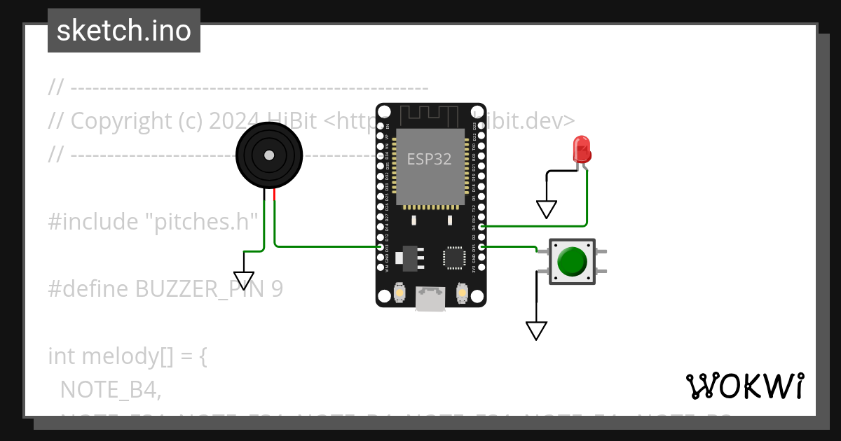 button + led blink + buzzer melody - Wokwi ESP32, STM32, Arduino Simulator