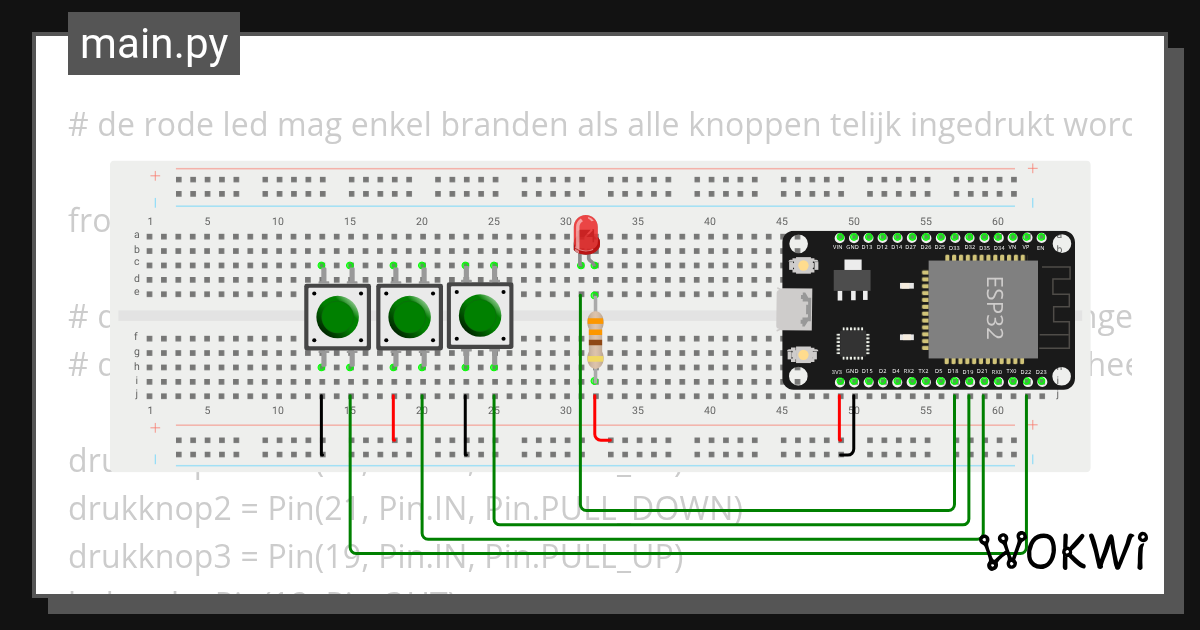 Led en 3 drukknoppen - Wokwi ESP32, STM32, Arduino Simulator