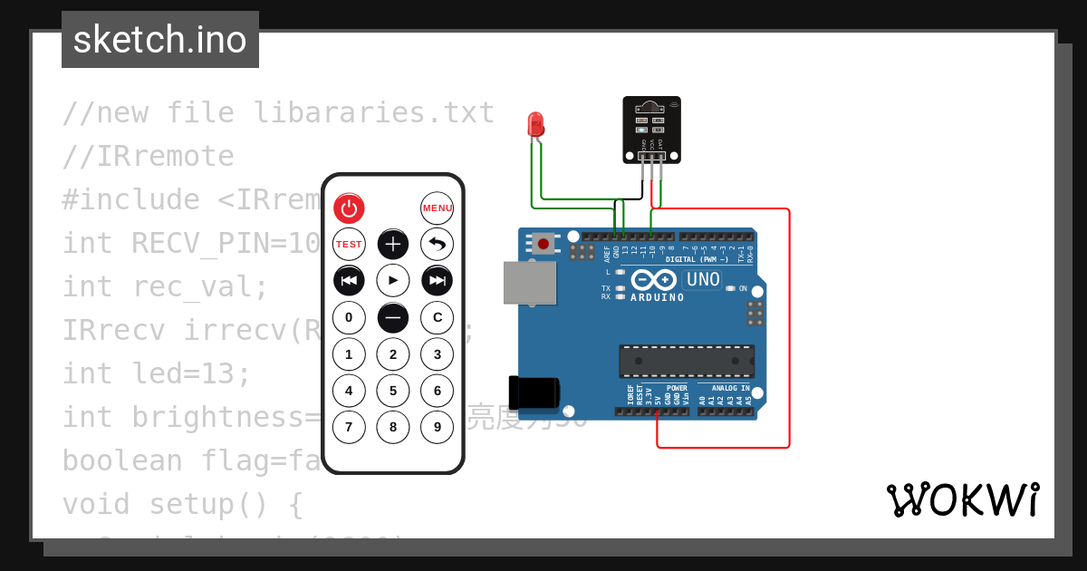 红外电源键控制led灯增亮 减弱 Wokwi Esp32 Stm32 Arduino Simulator 0975