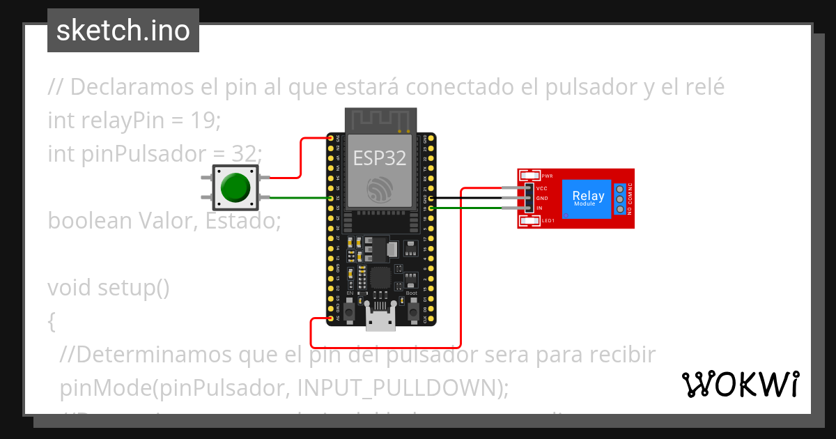 Tarea 3.1. Control de un relé con un pulsador - Wokwi ESP32, STM32, Arduino Simulator