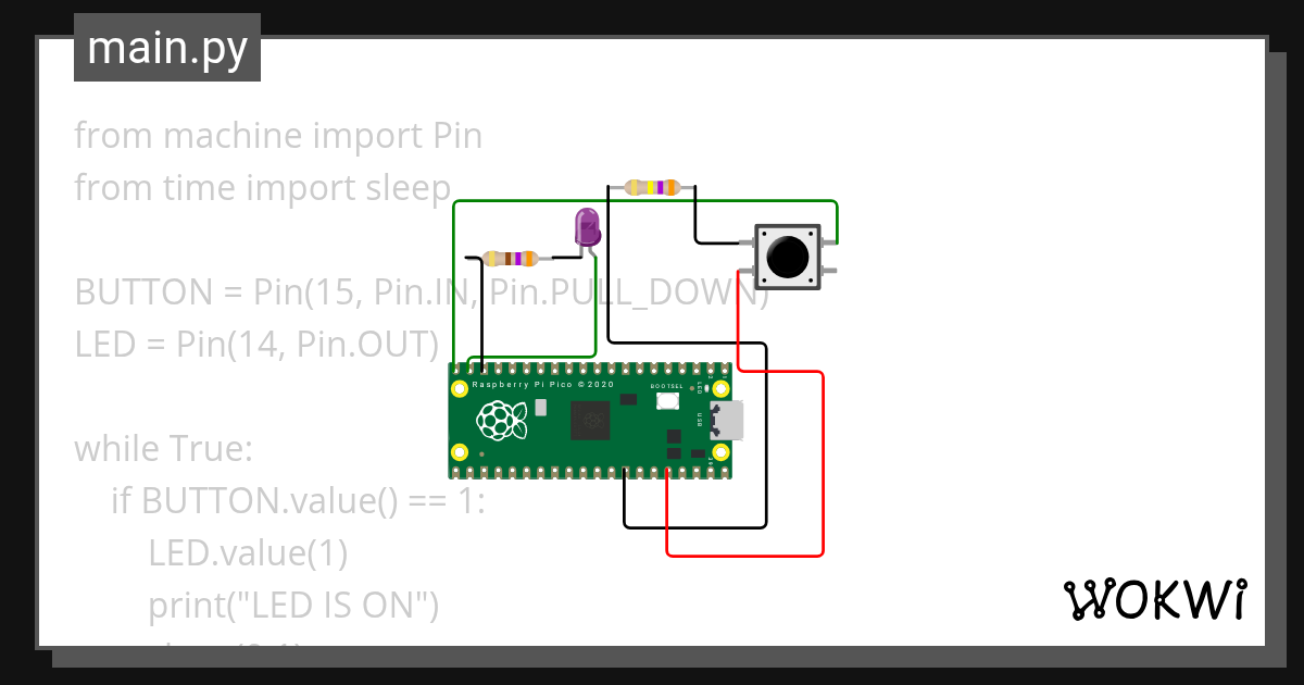 RASPBERRY PICO LED CONTROL USING BUTTON PART ONE 6 - Wokwi ESP32, STM32, Arduino Simulator