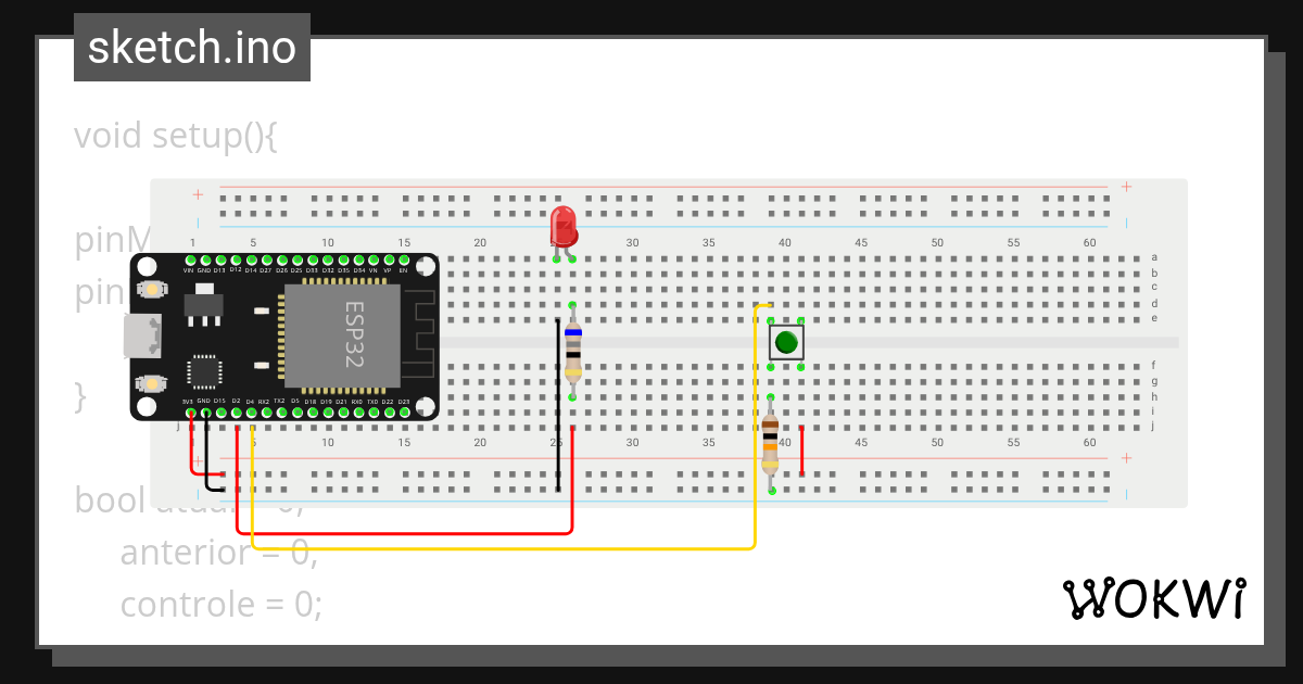 Curso basico de Esp32 com 1 botao liga e o mesmo desliga - Wokwi ESP32, STM32, Arduino Simulator
