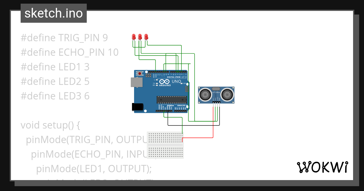 Projek sensor ultrasonik dengan led - Wokwi ESP32, STM32, Arduino Simulator