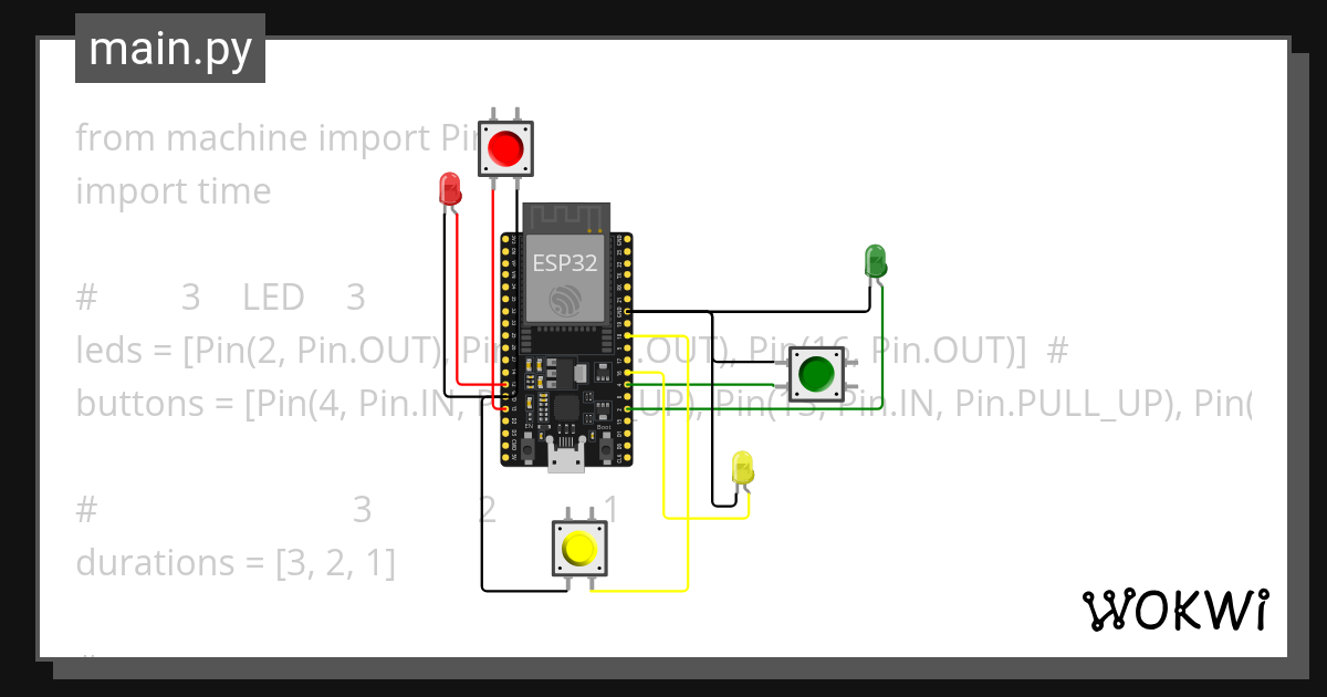 LED_3Button Traffic lights Interrupt - Wokwi ESP32, STM32, Arduino Simulator