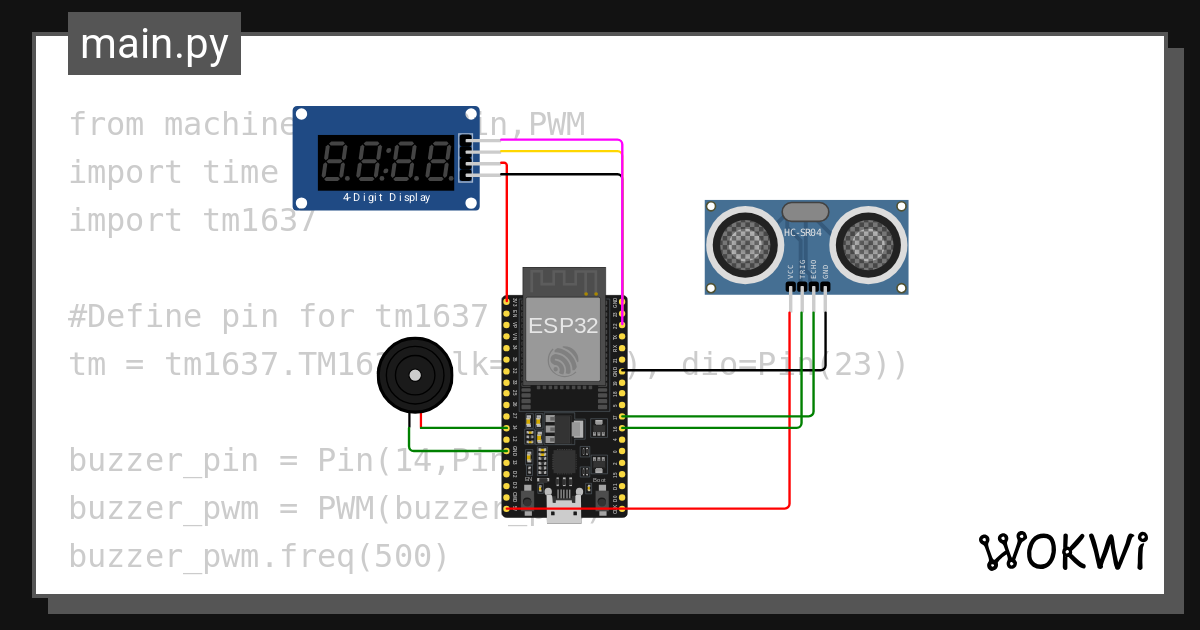 1016超音波與數字顯示 Wokwi Esp32 Stm32 Arduino Simulator