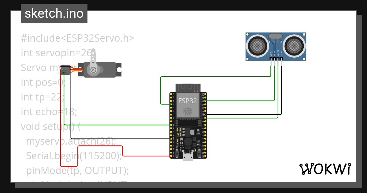 servomotor with ultrasonic sensor - Wokwi ESP32, STM32, Arduino Simulator