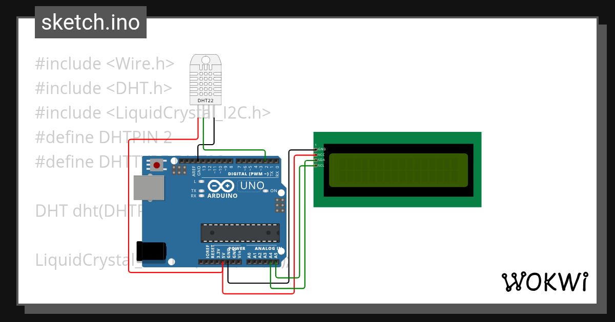 sensor DHT22 dan lcd - Wokwi ESP32, STM32, Arduino Simulator